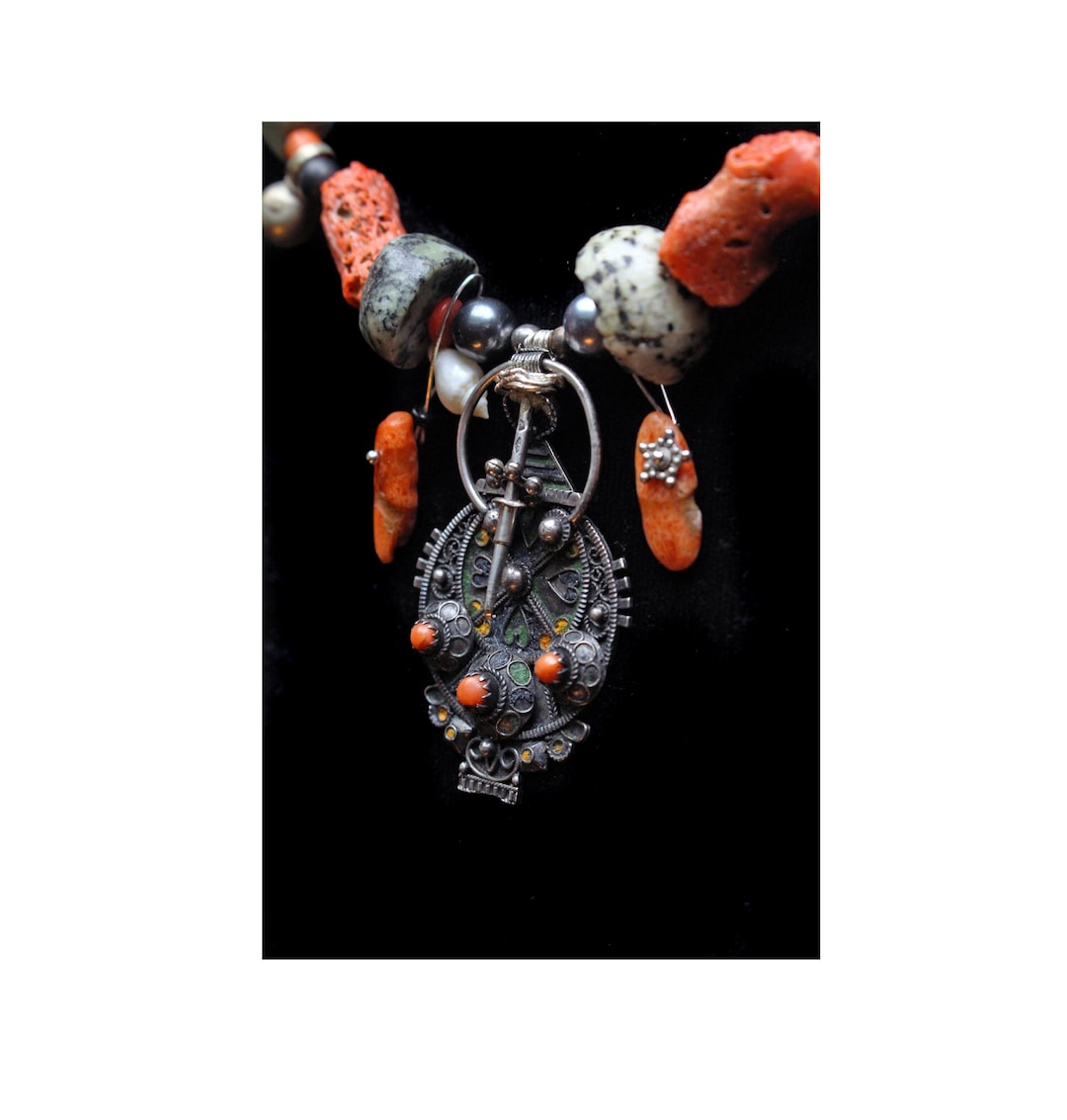 Antique Silver Moroccan Kabyle Enamel Signed Fibula, Ancient Granite ...