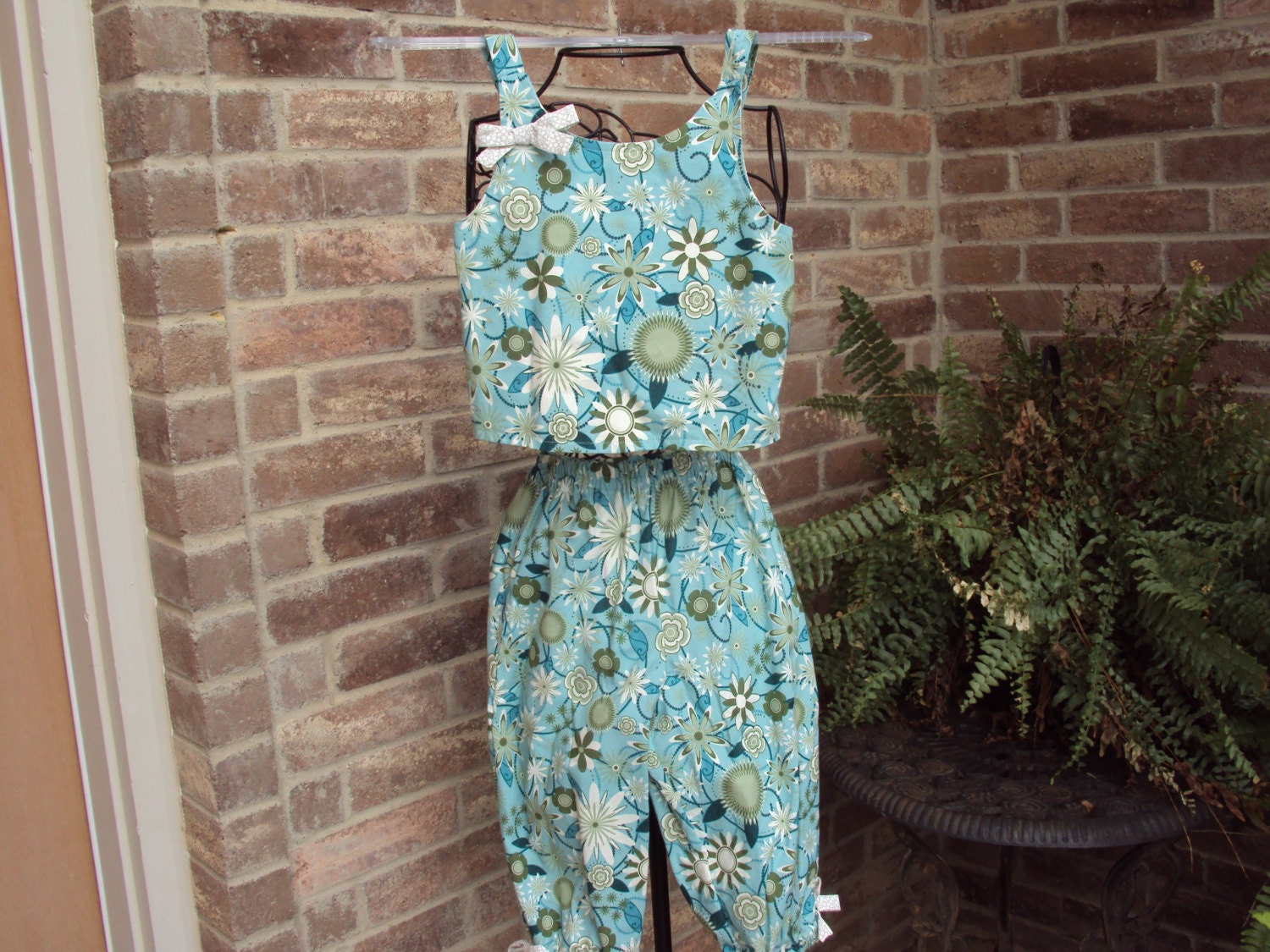 Two Piece Capris and Top Aqua With Green and Cream Flowers - Etsy