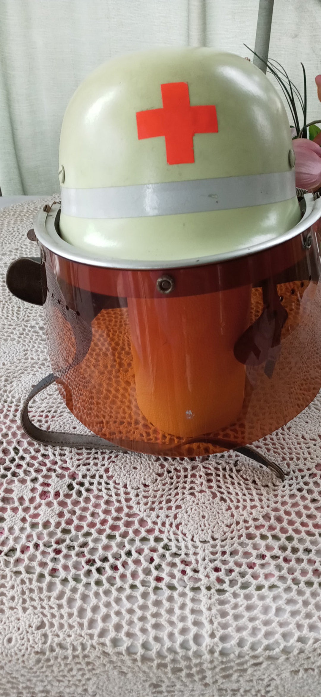 Vintage Foreign Red Cross EMT Helmet With Face Shield Costume Fireman ...