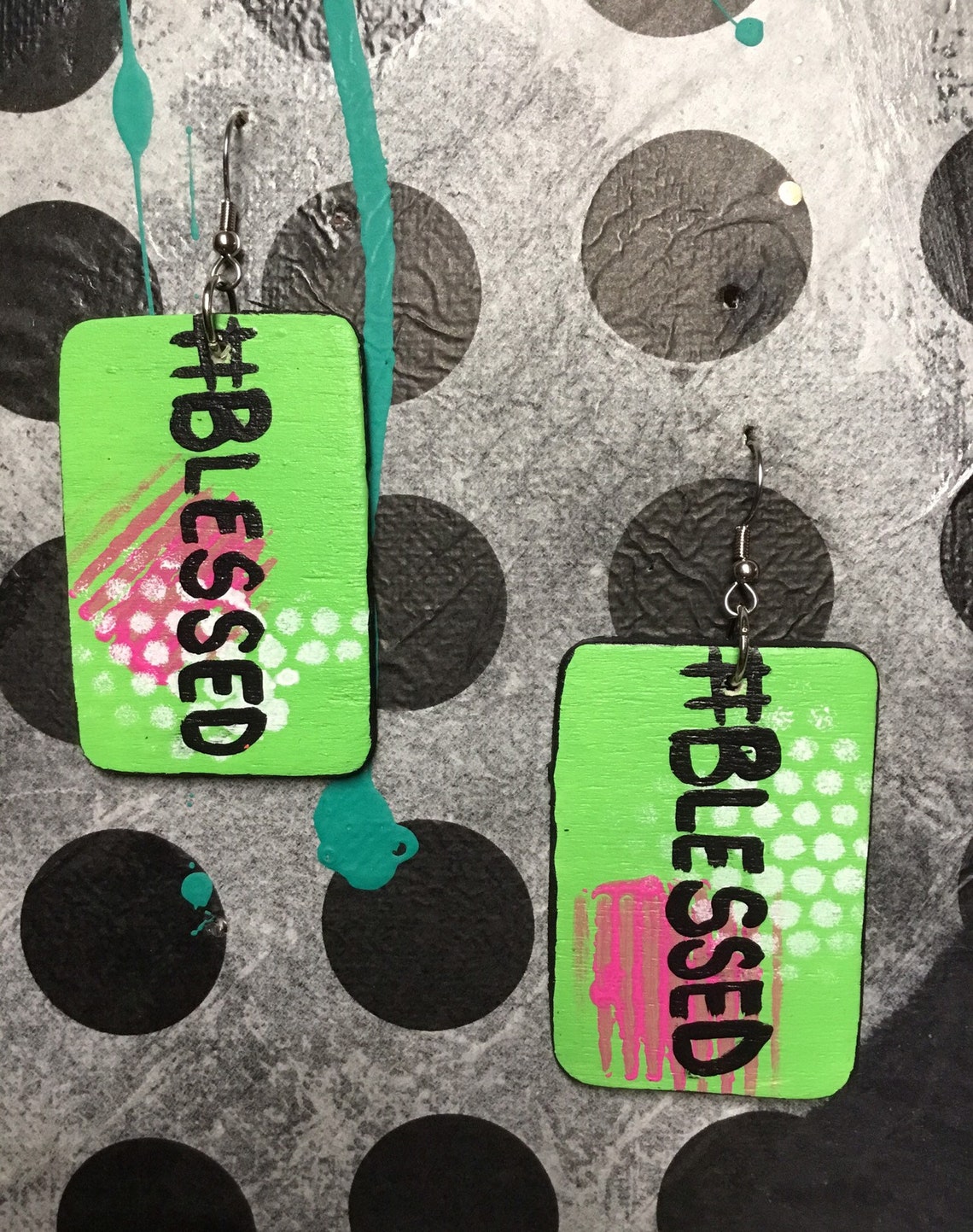 M-78: Green Pink White #blessed Earrings - Etsy
