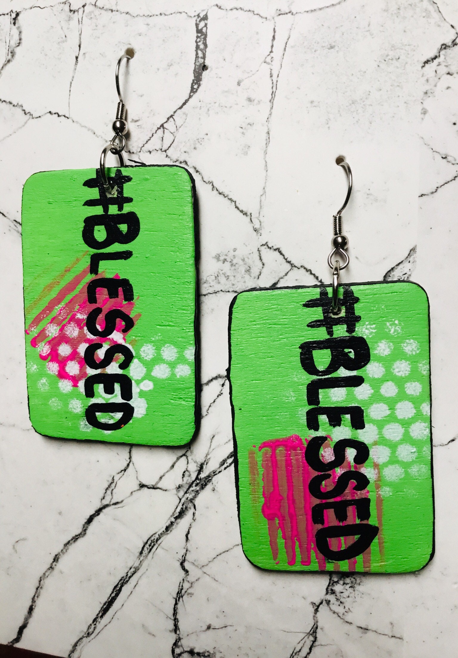 M-78: Green Pink White #blessed Earrings - Etsy