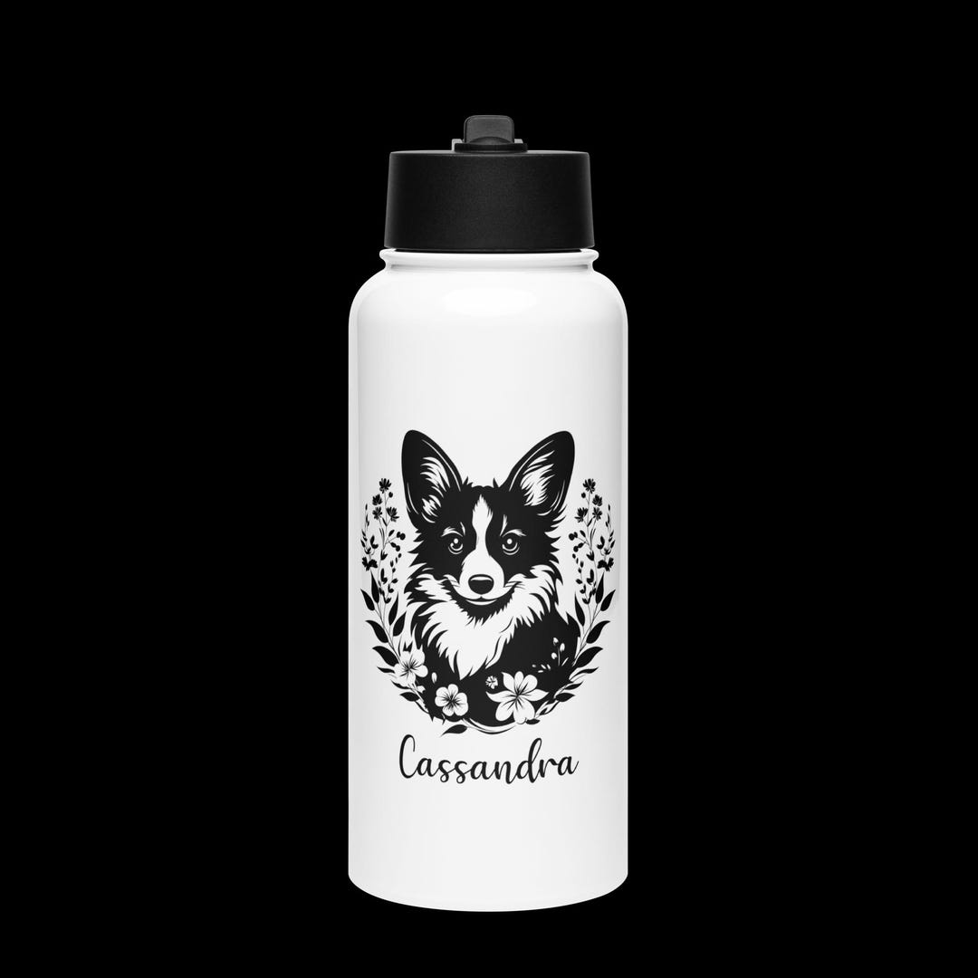 Welsh Corgi With Flowers 32oz Stainless Steel Water Bottle With ...