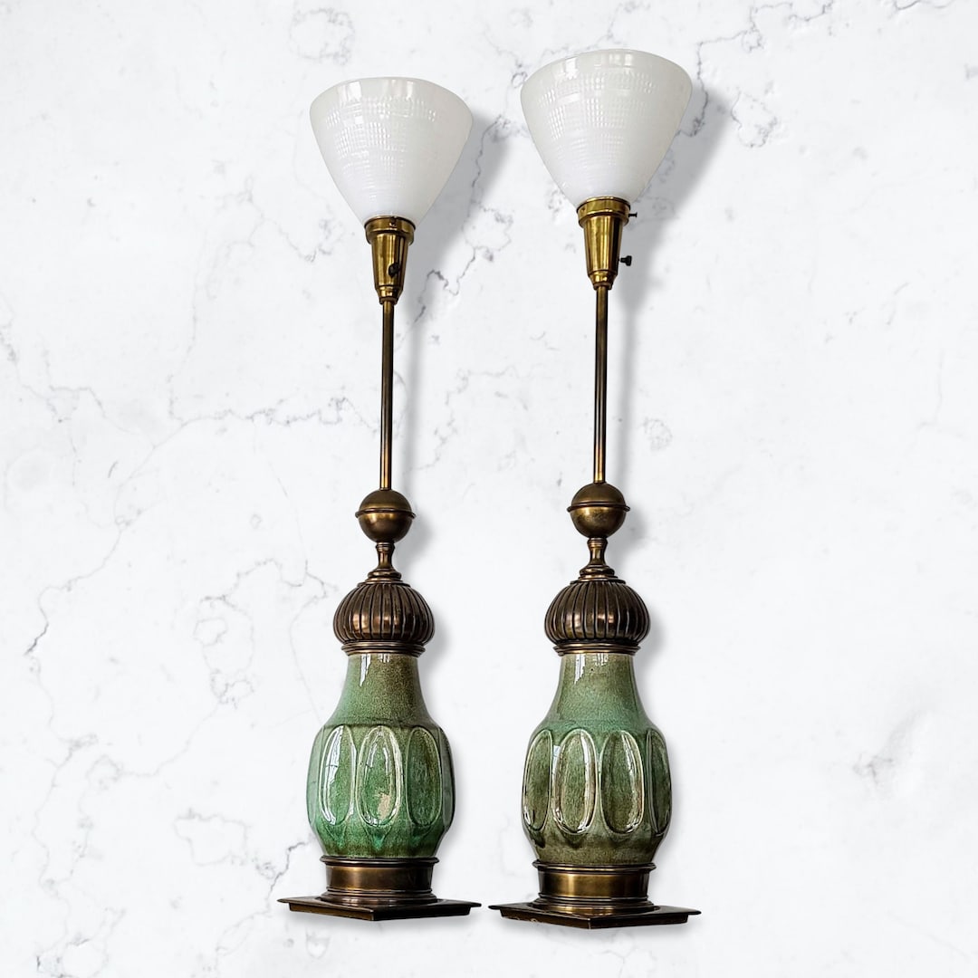 Stiffel Moorish Style Jade Green Crackle Glaze Ceramic and Brass Table ...