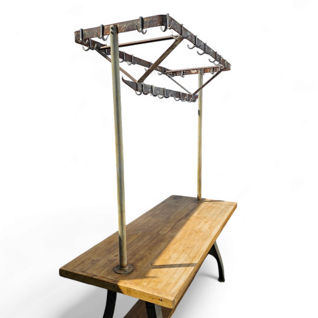 Vintage Industrial Kitchen Island With Butcher Block Top and Pot Rack ...