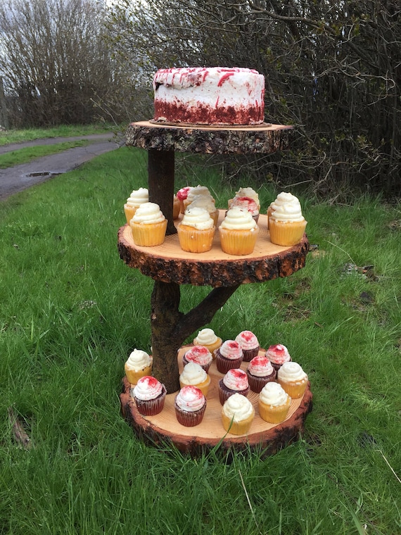 Collapsible Jumbo Log Pine Wood Rustic Cake Cupcake Stand Wedding party ...