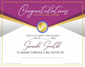 Printable Big Sister Certificate, Promoted to Big Sister Instant ...