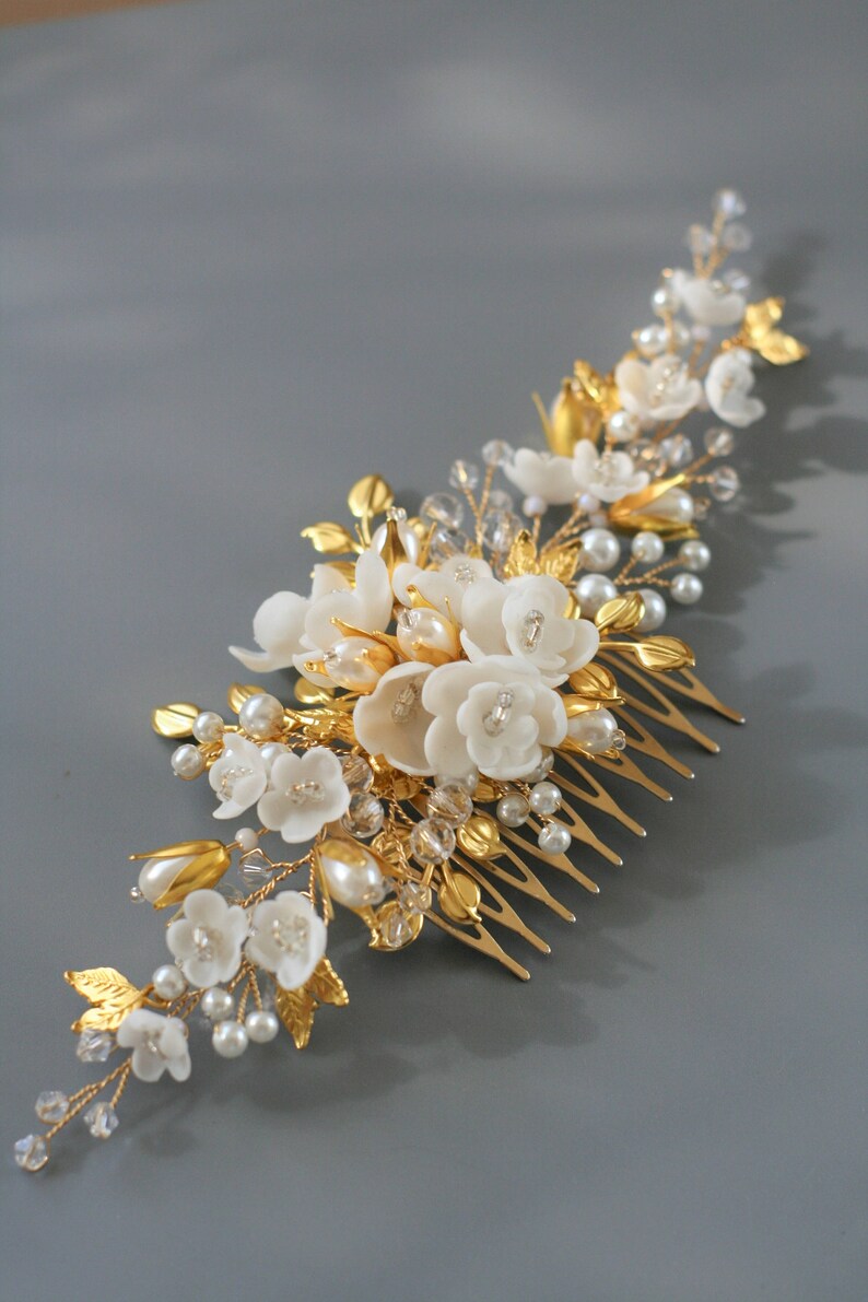 Gold Flower Bridal Comb: Pearl Wedding Hairpiece - Etsy