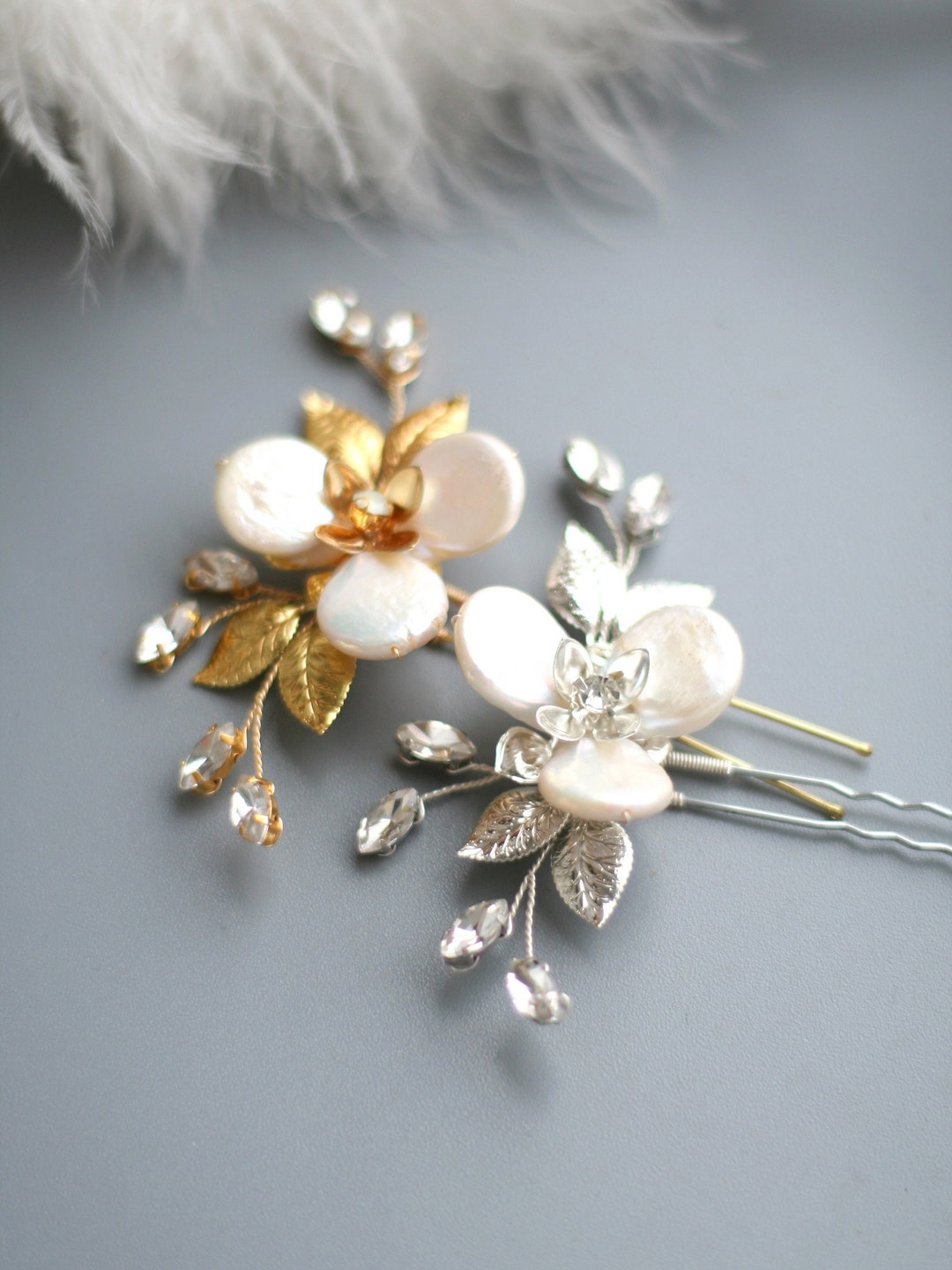 Silver Gold Flower Hair Pins, Petal Pearl Wedding Hair Pins, Natural ...