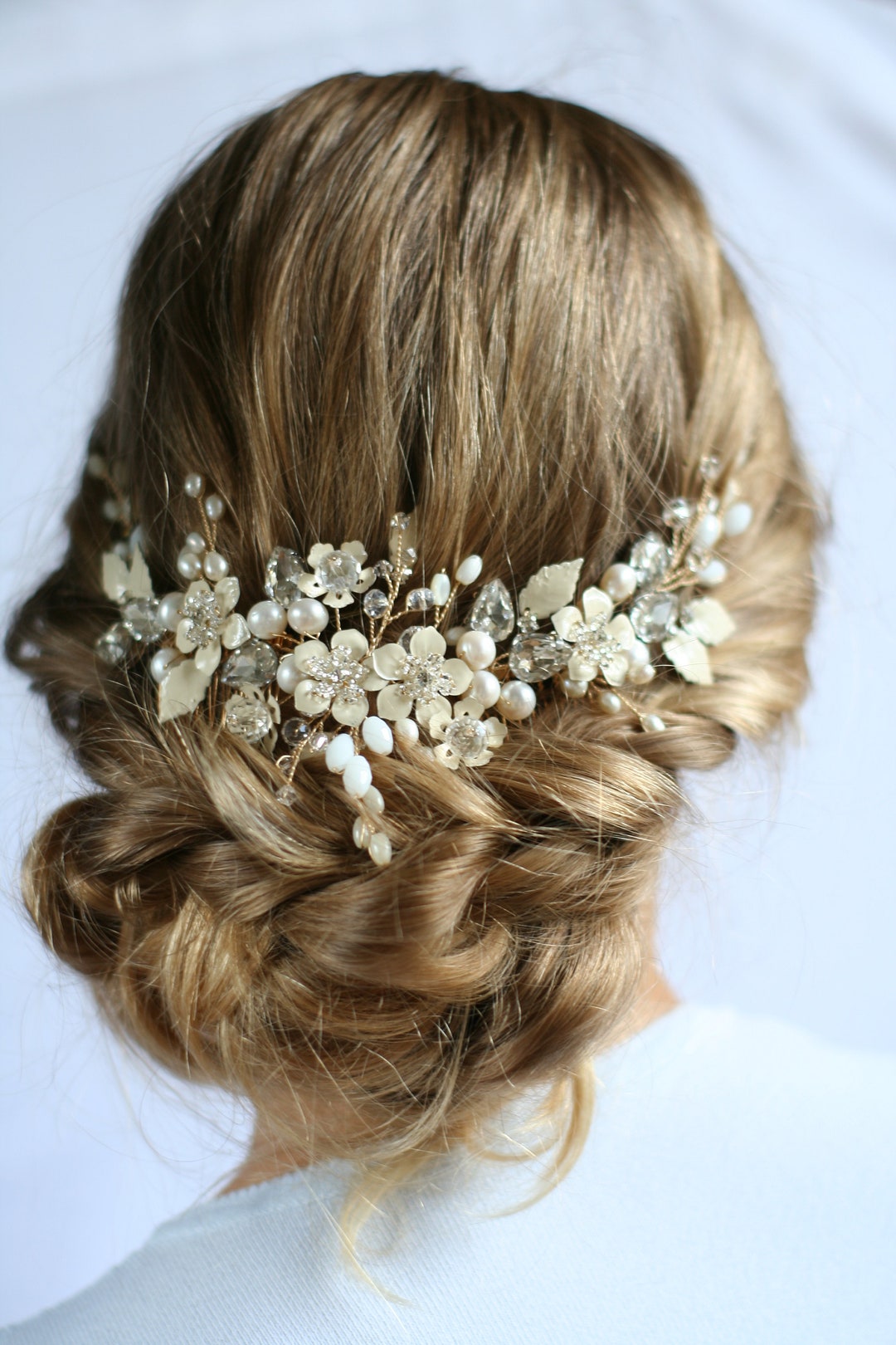Ivory Flower Pearl Wedding Headpiece, Gold Pearl Bridal Headpiece ...