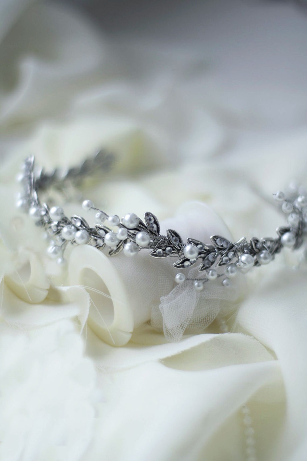 Antique Silver Leaf Wedding Crown, Pearl Wedding Headpiece, Pearl ...