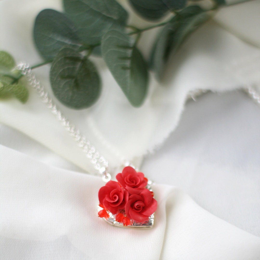 Red Heart Locket Necklace, Silver Heart Necklace Locket, Red Flower ...