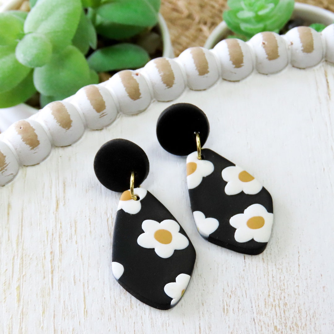Black and White Daisy Dangles, Titanium Posts, Minimal Modern Spring ...