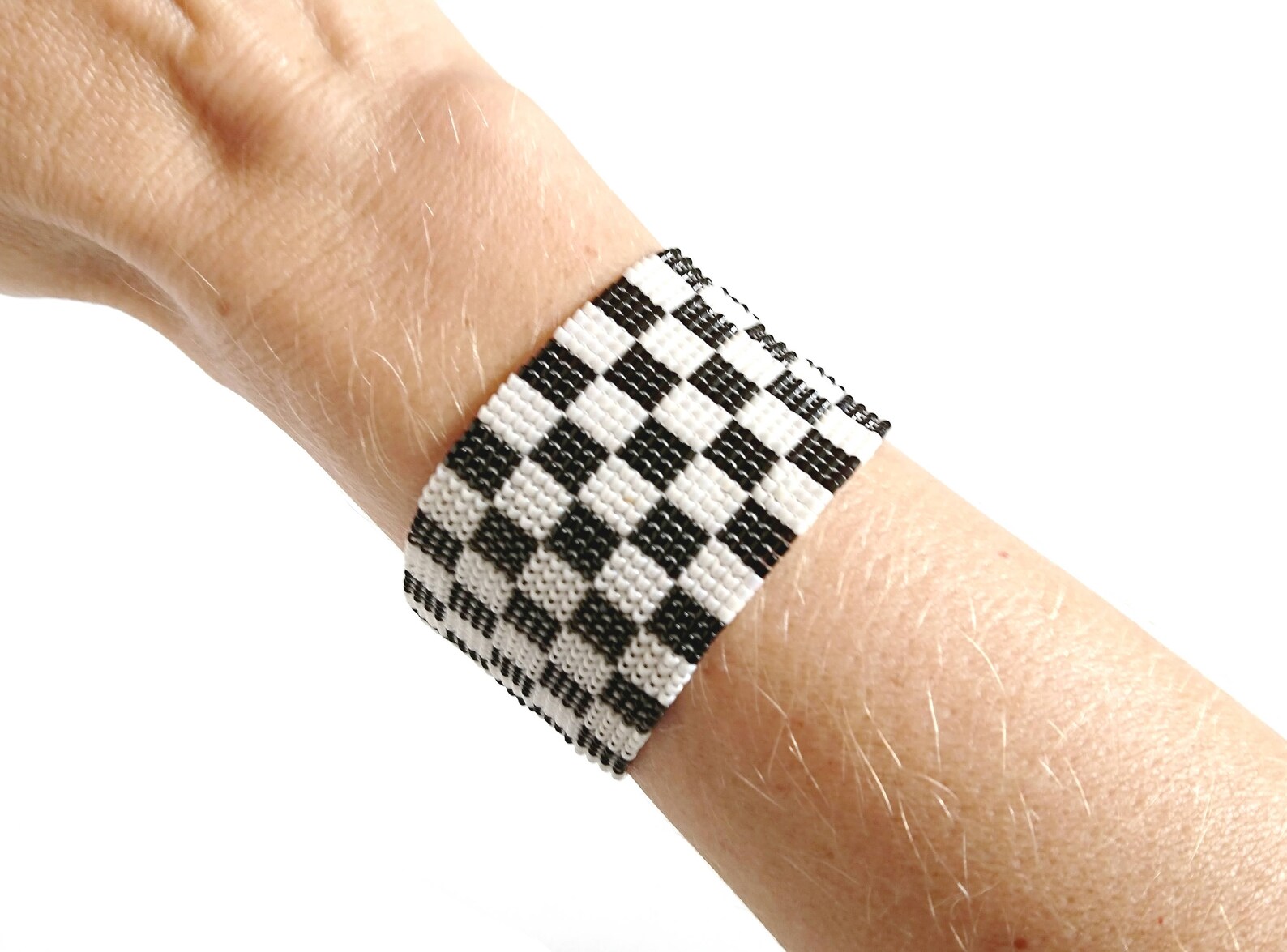 Beaded Black and White Checkered Cuff Bracelet, Toho Treasure Seed ...