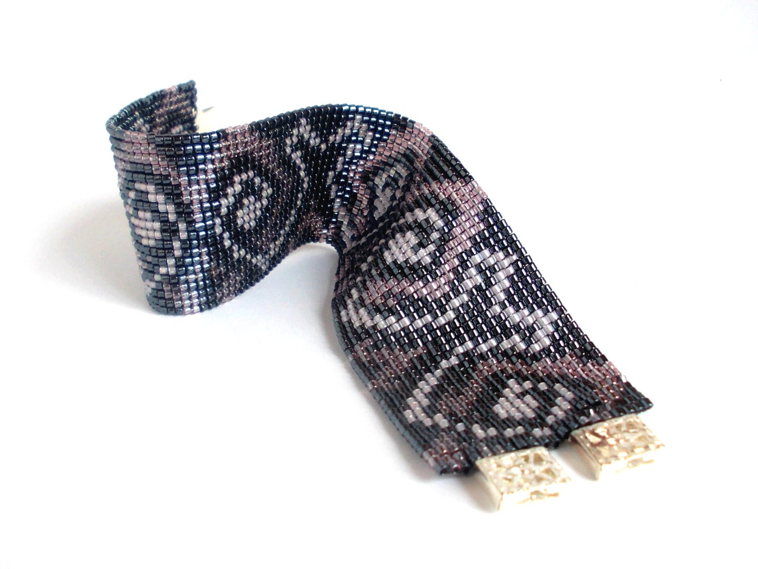 Beaded Black and Violet Bracelet, Toho Treasure Beads Bracelet, Floral ...