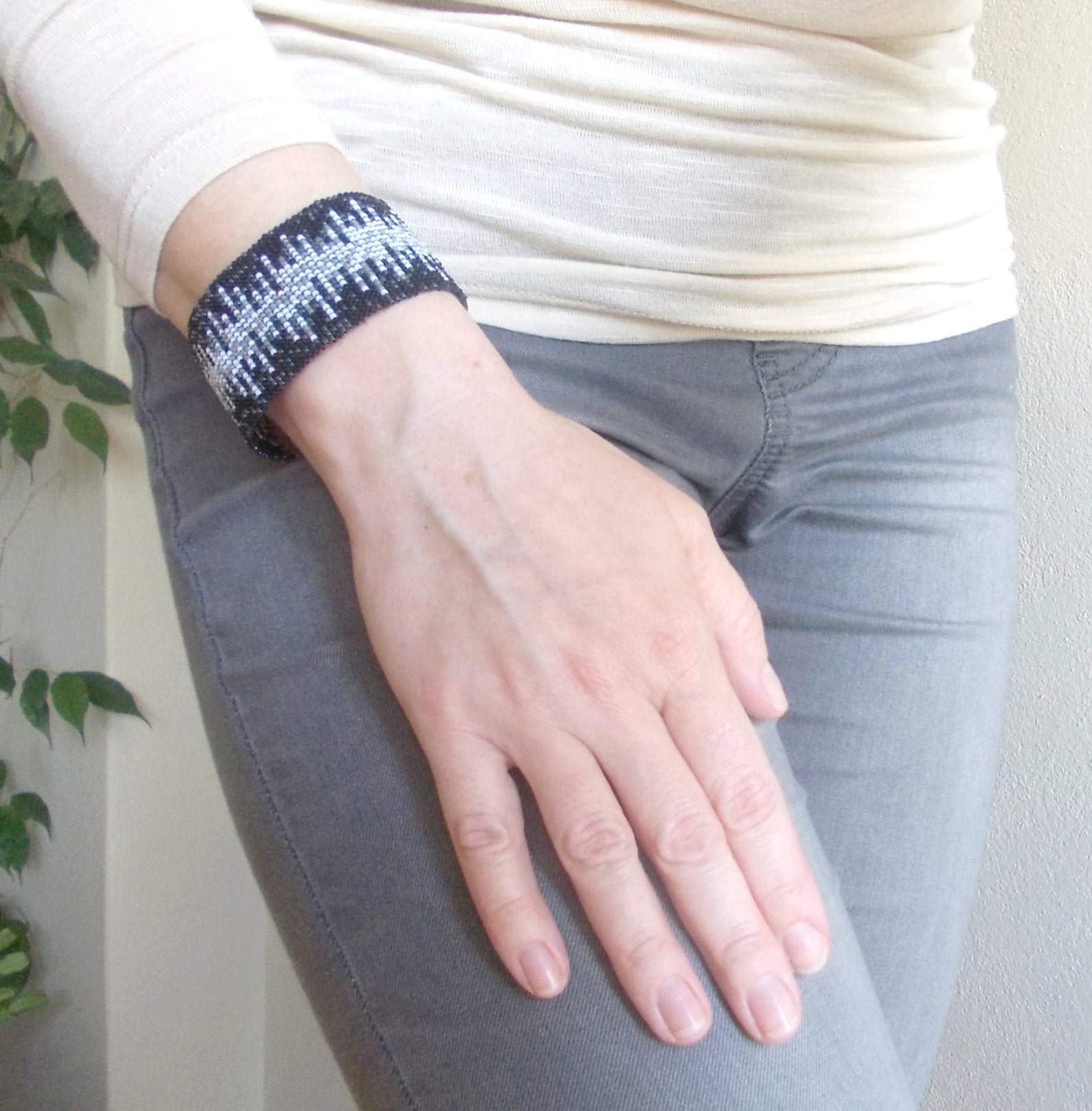Beaded Black White and Grey Cuff Bracelet, Toho Beads Loom Bracelet ...