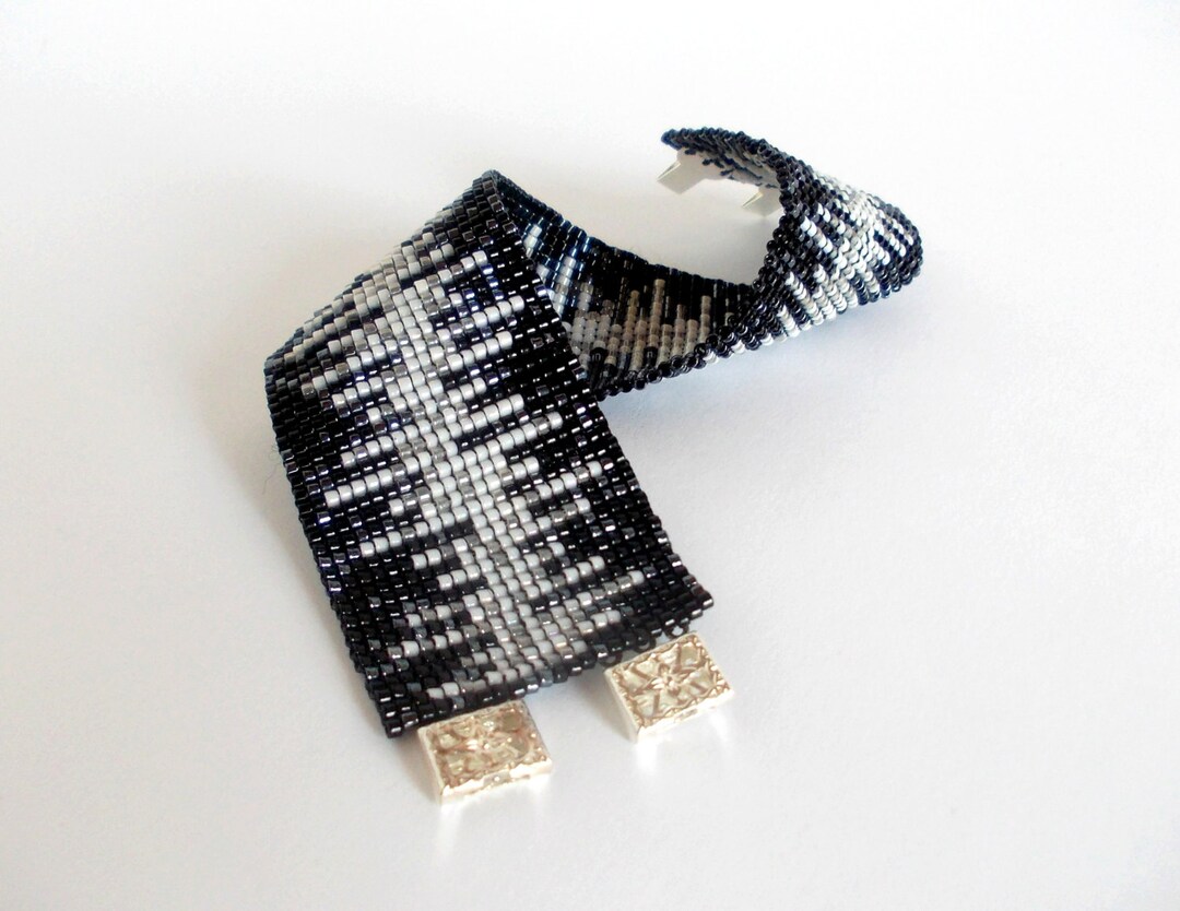 Beaded Black White and Grey Cuff Bracelet, Toho Beads Loom Bracelet ...
