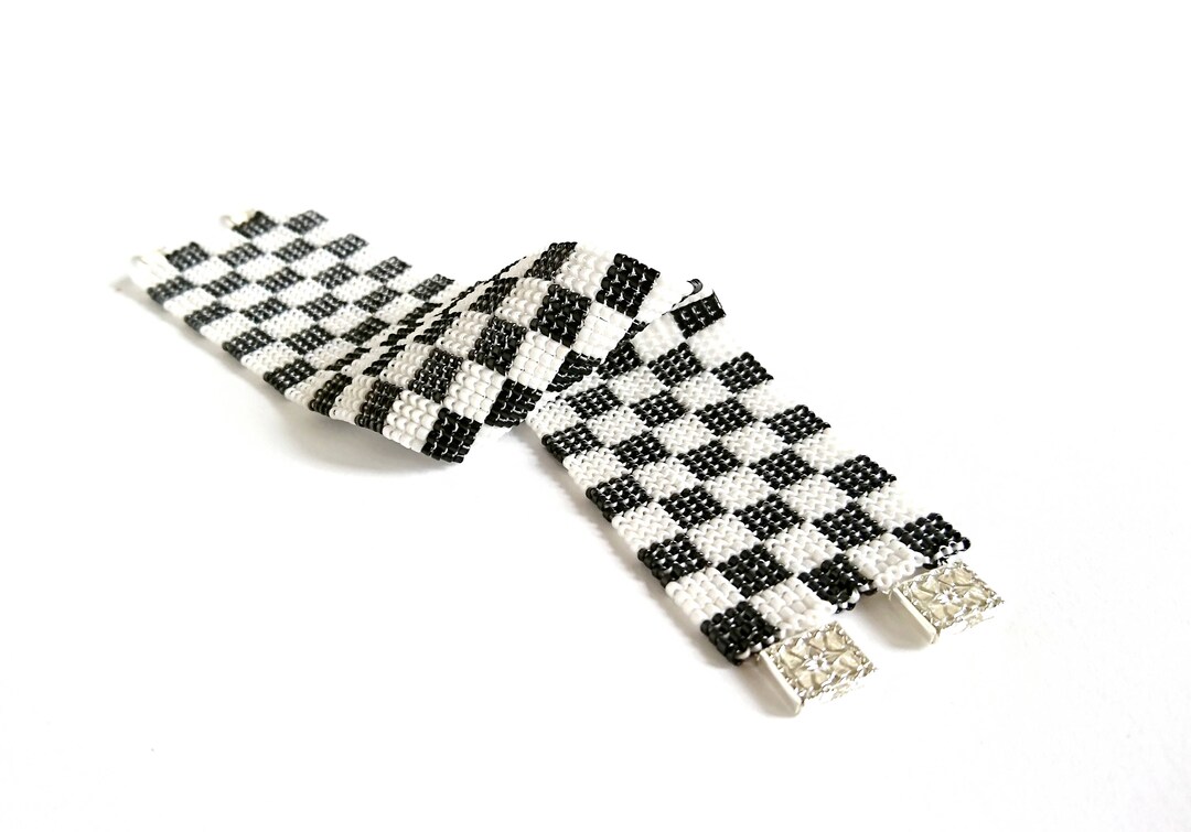 Beaded Black and White Checkered Cuff Bracelet, Toho Treasure Seed ...