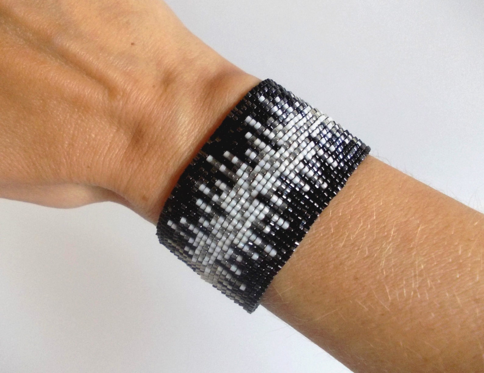 Beaded Black White and Grey Cuff Bracelet, Toho Beads Loom Bracelet ...