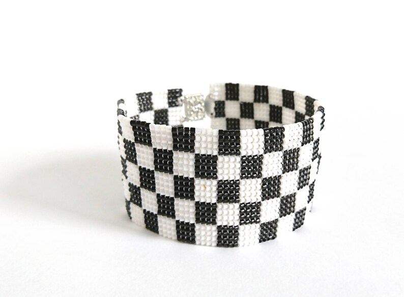 Beaded Black and White Checkered Cuff Bracelet, Toho Treasure Seed ...
