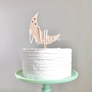 Personalized Crescent Moon Cake Topper: Wood & Acrylic, Space Theme - Etsy
