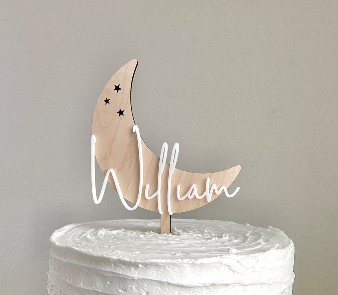 Personalized Crescent Moon Cake Topper: Wood & Acrylic, Space Theme - Etsy