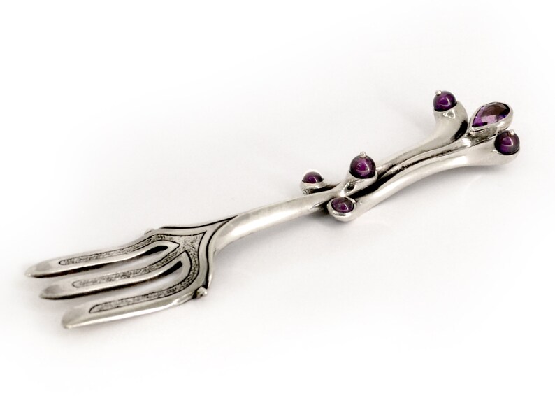 Textured & Unique 925 Sterling Silver Small Fork With Natural Amethyst ...