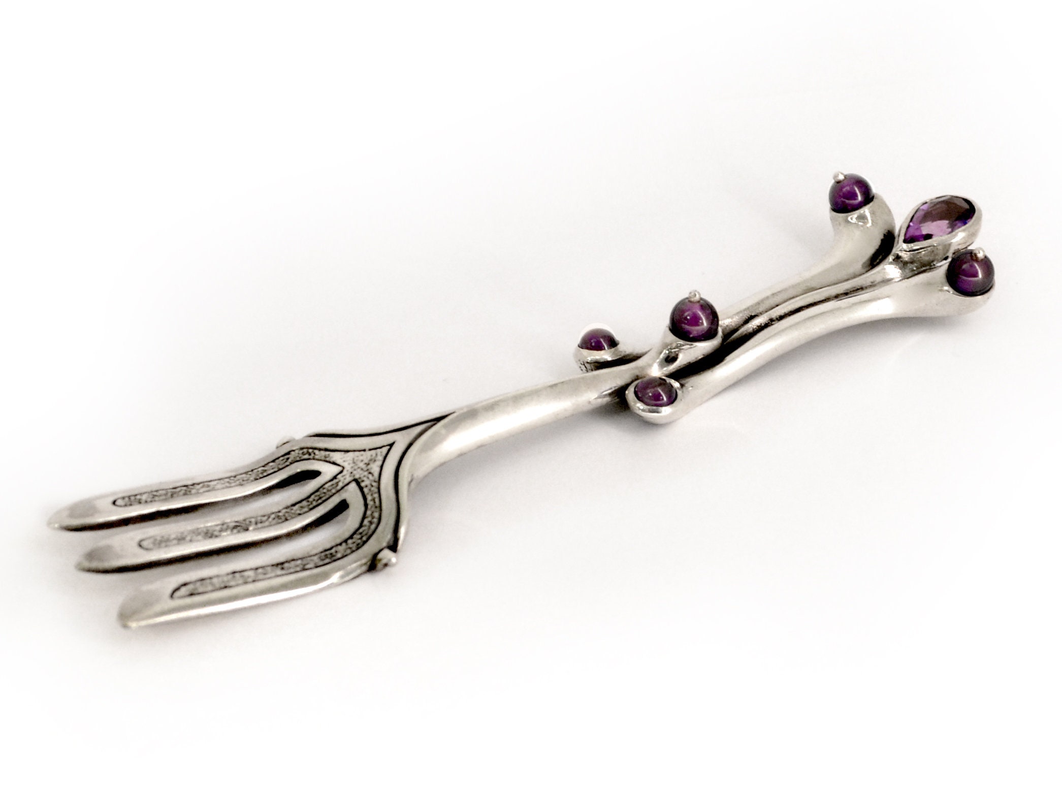 Textured & Unique 925 Sterling Silver Small Fork With Natural Amethyst ...