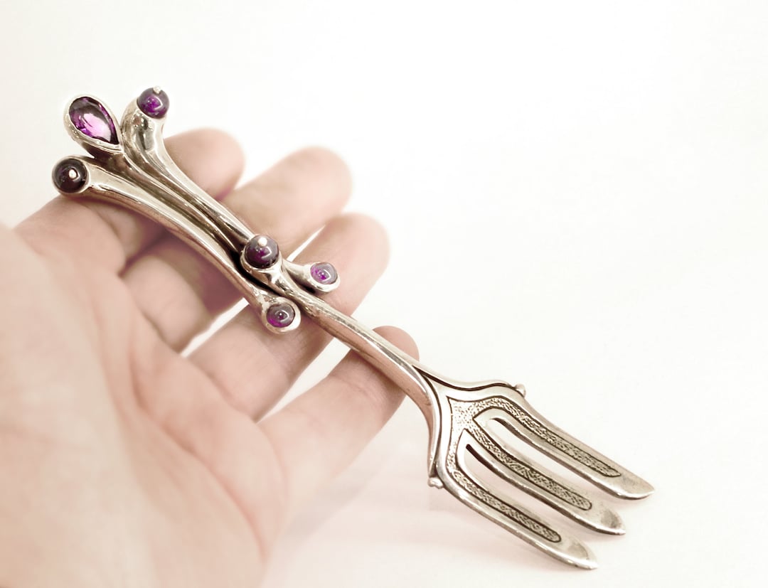 Textured & Unique 925 Sterling Silver Small Fork With Natural Amethyst ...