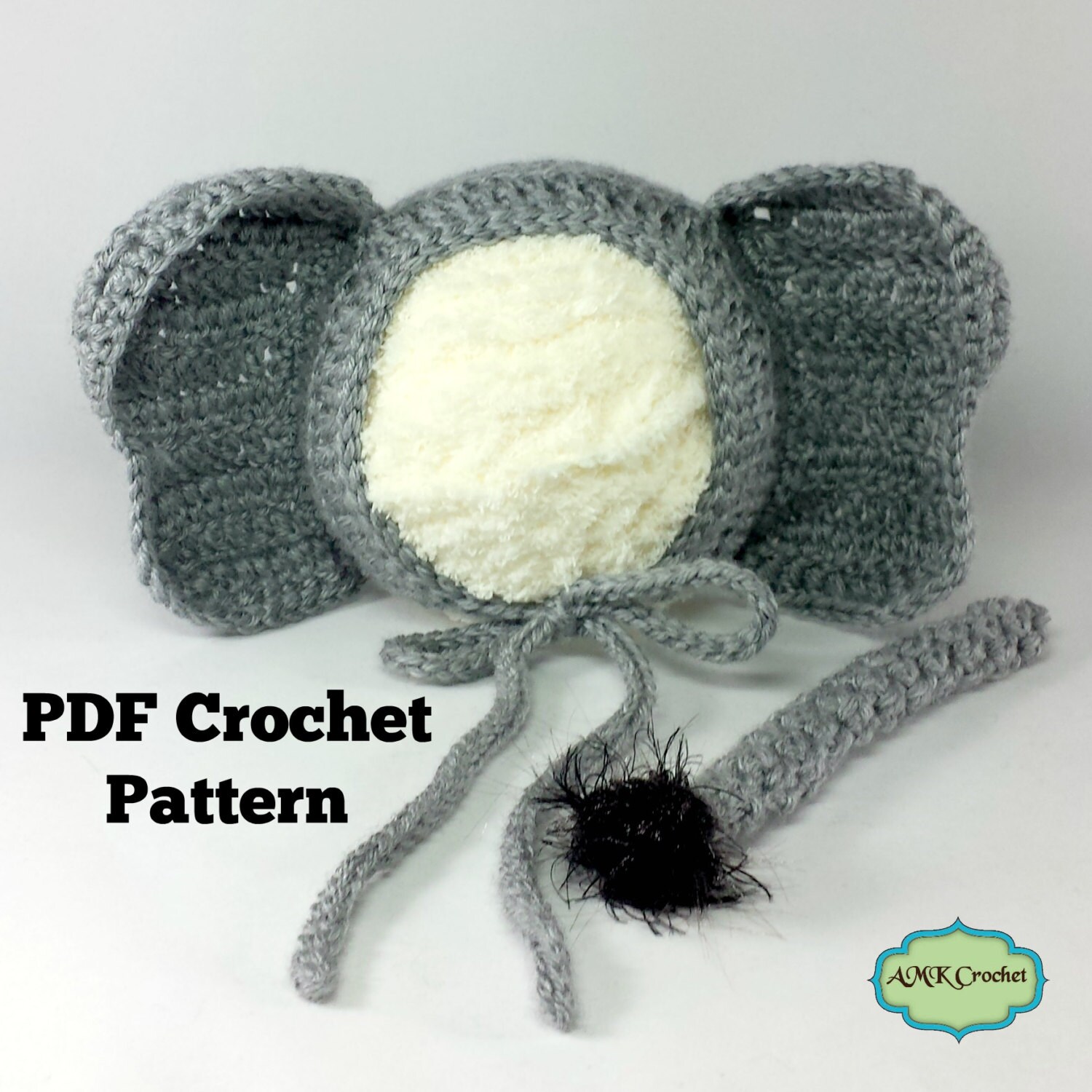 Crochet Pattern - Newborn Elephant Hat and Unattached Tail Photo Prop ...