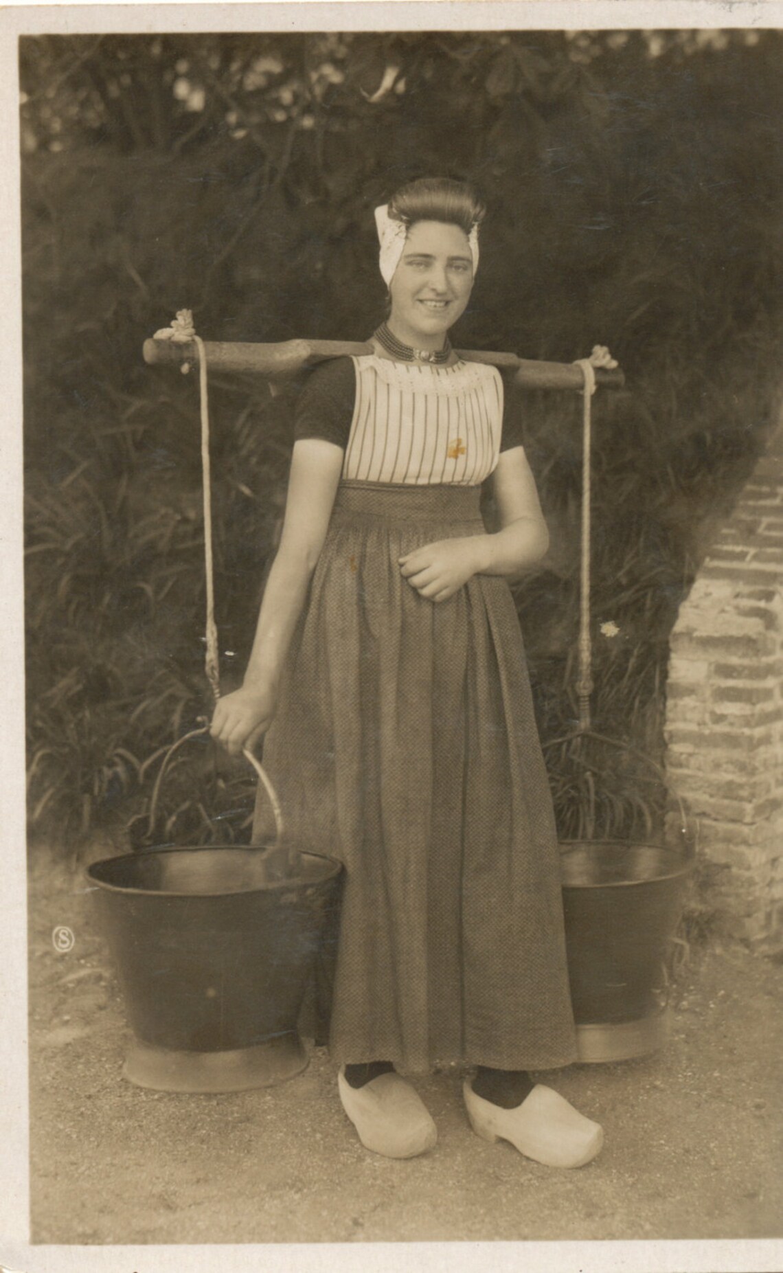 Real Photo Postcard of Dutch Woman Wearing Wooden Clogs and Carrying ...