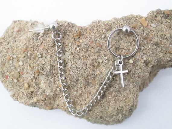 Cross Hoop Piercing With Chain | Etsy