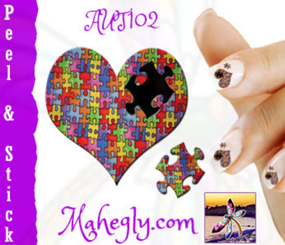 Autism Awareness Ribbon Puzzle Piece and Heart Nail Art Decal Sticker ...