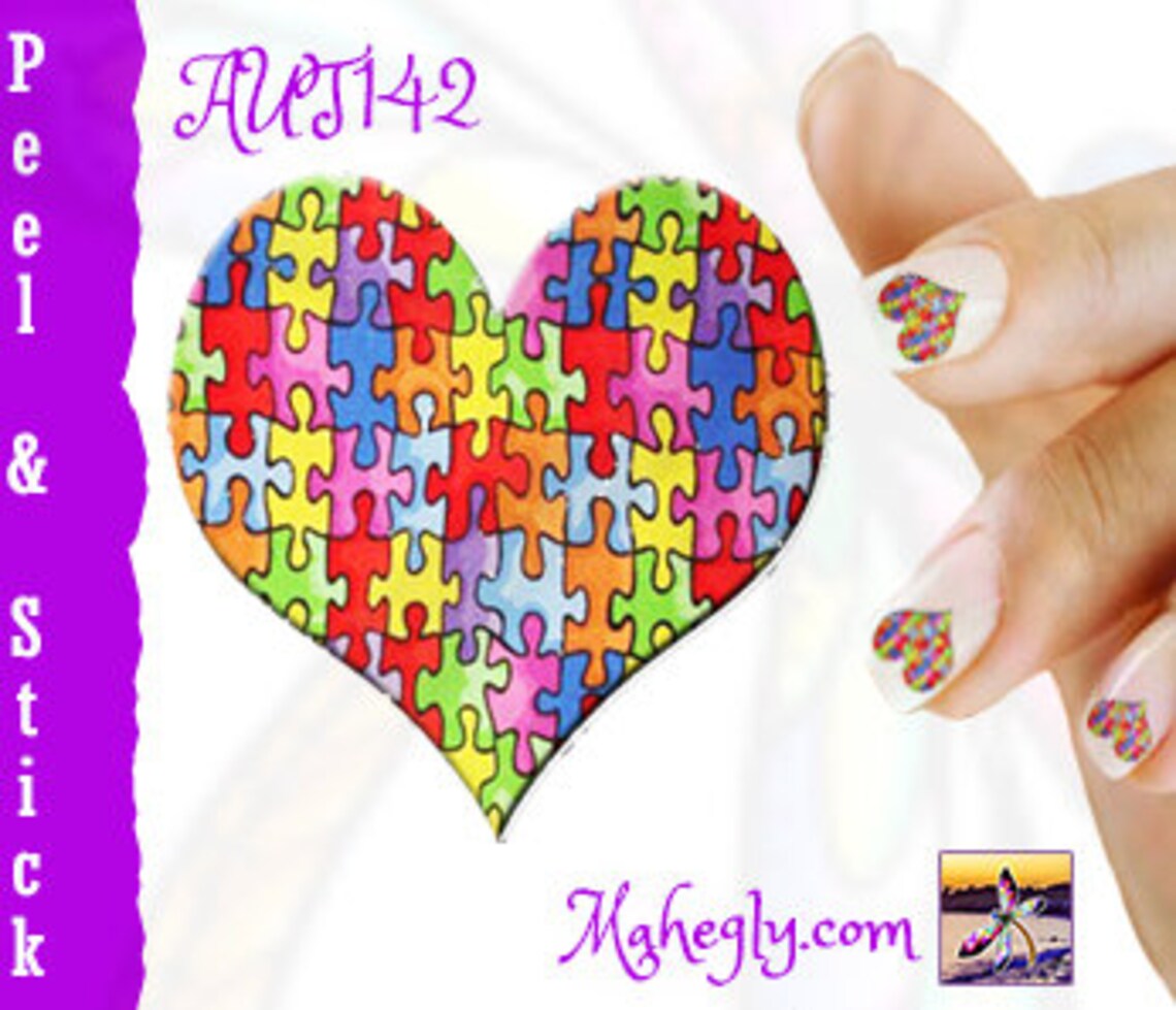 Autism Awareness Ribbon Puzzle Piece and Heart Nail Art Decal Sticker ...