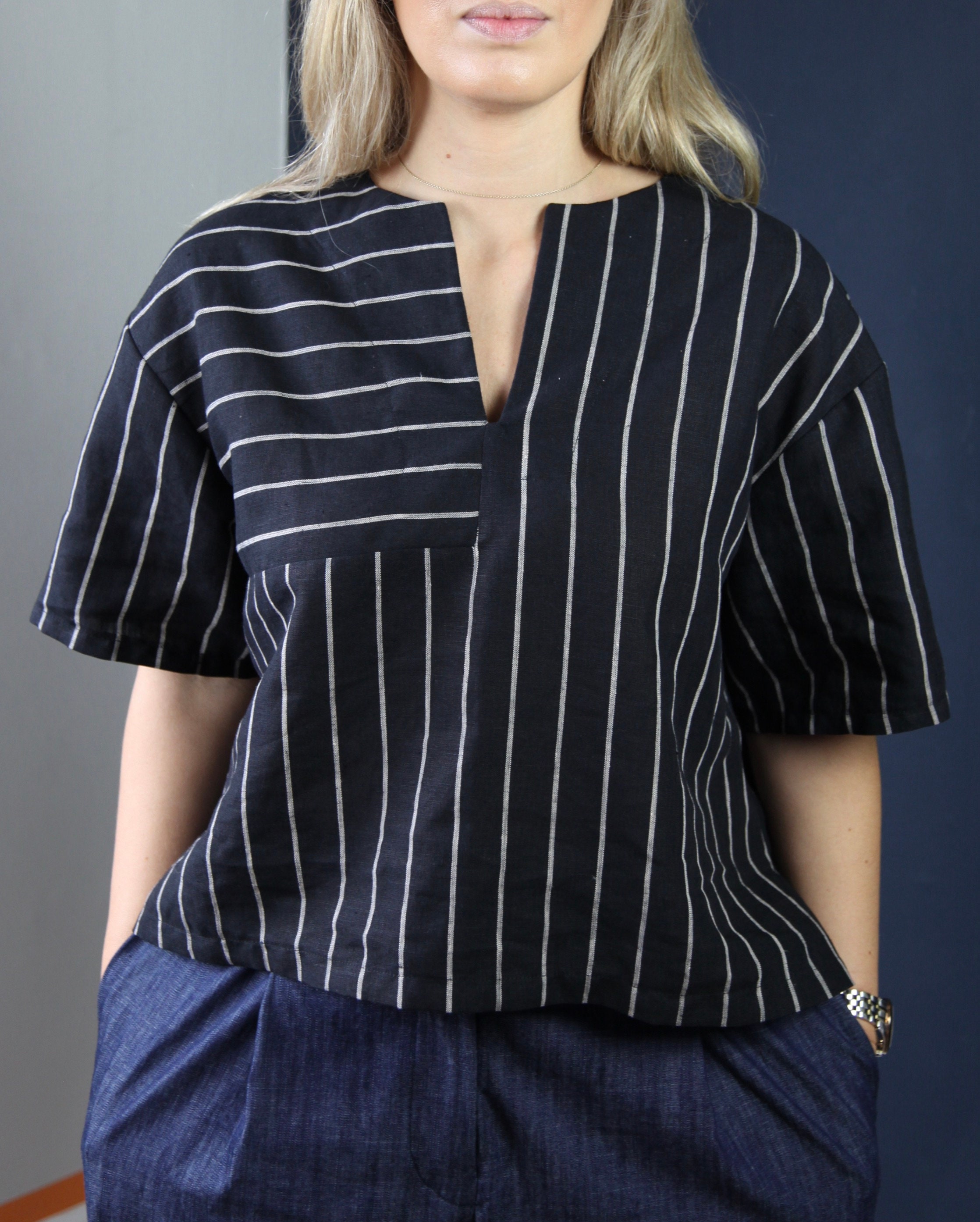 Boxy Minimal Top in Luxury Black and Beige Linen Stripe - Etsy