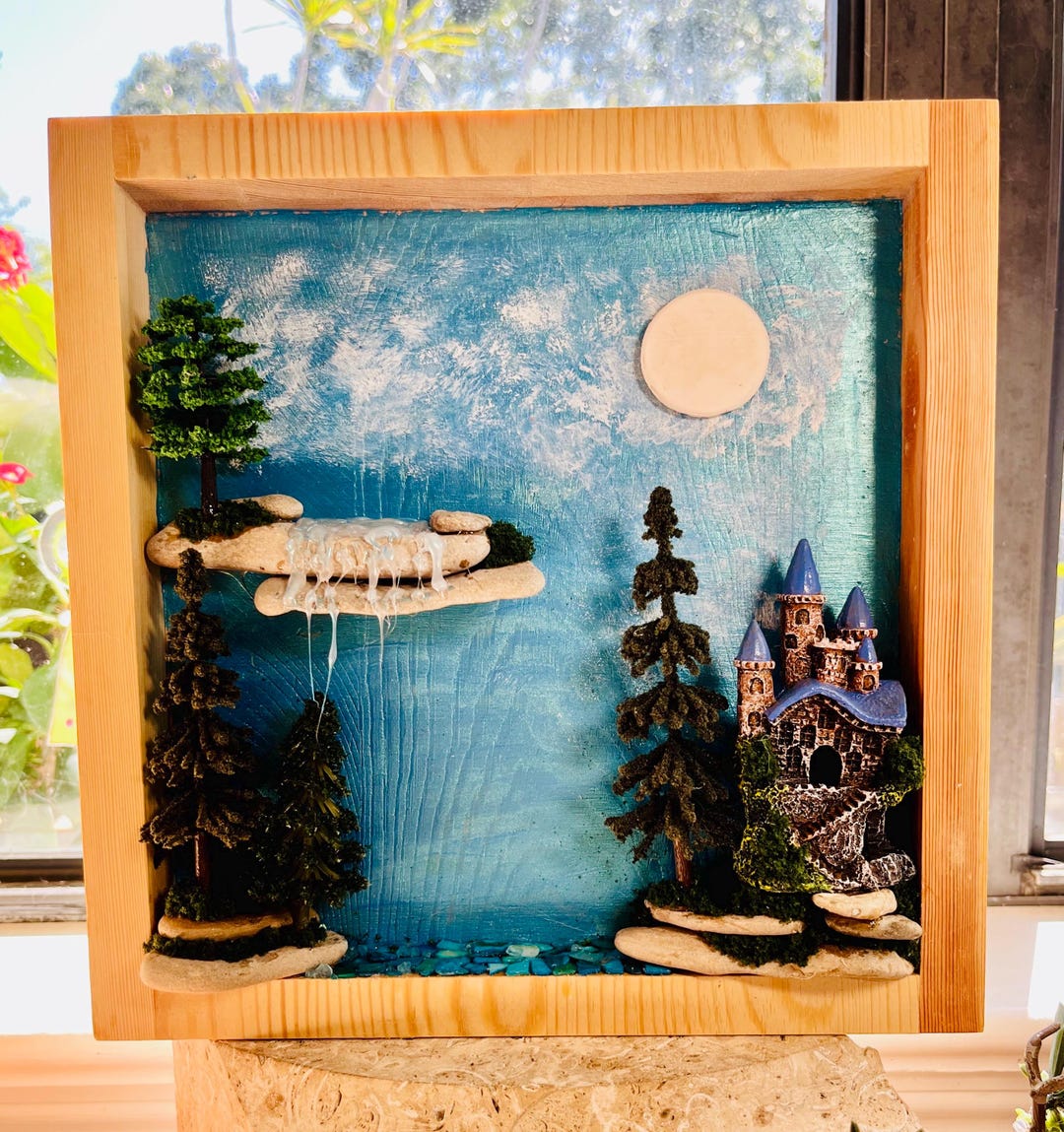 Castle and Waterfall Diorama, Hanging or Sitting Fantasful Castle Scene ...