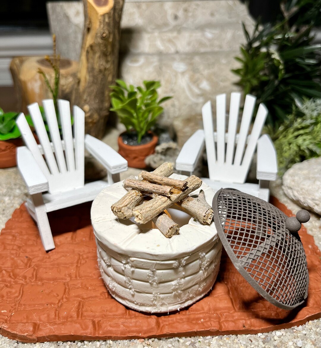 1:12 Scale Miniature Lighted Fire Pit Scene, Miniature White Wood ...