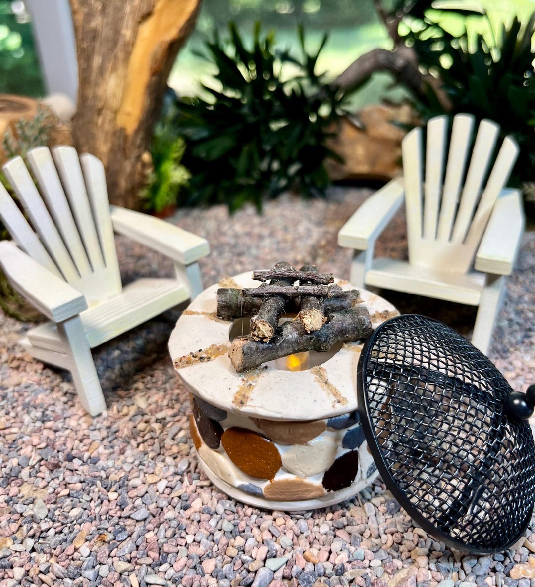 1:12 Scale Miniature Lighted Fire Pit With Adirondack Chairs, Miniature ...
