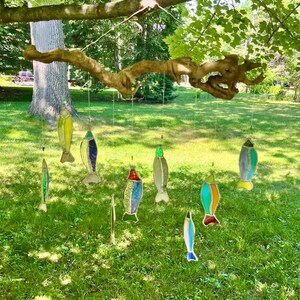 Stained Glass Fish Mobile: Whimsical Hanging Art, Driftwood Accent - Etsy