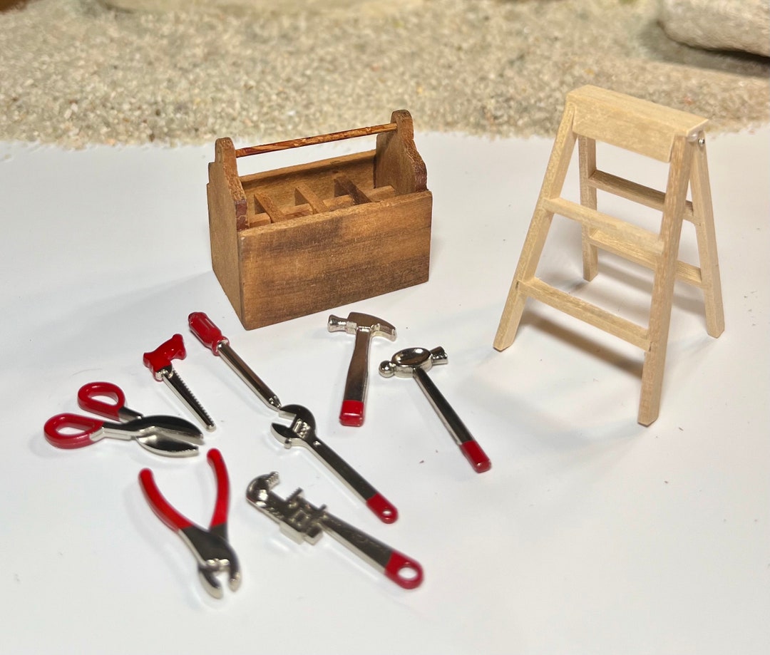 Miniature Wooden Tool Tote With Assorted Tools and Ladder, Dollhouse ...