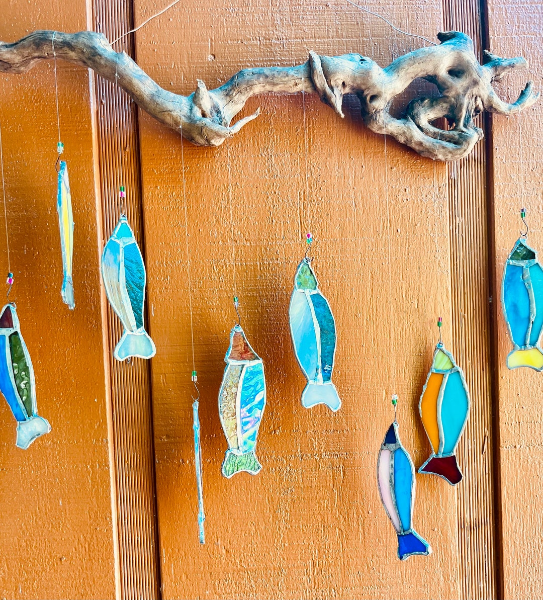 Stained Glass Fish Mobile: Whimsical Hanging Art, Driftwood Accent - Etsy