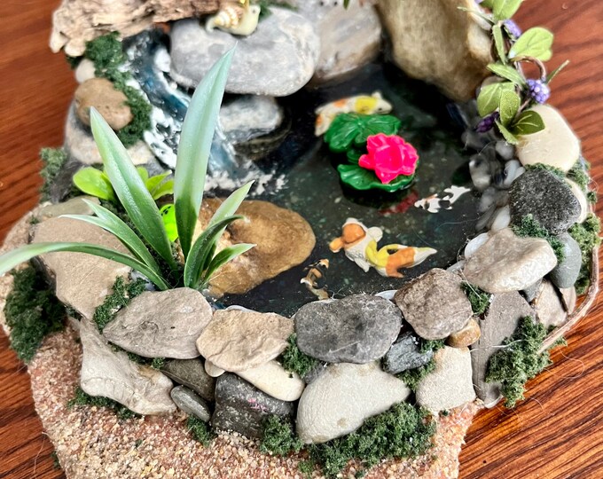 OOAK Miniature Koi Pond With Waterfall, Fairy Garden Miniature, Diorama ...