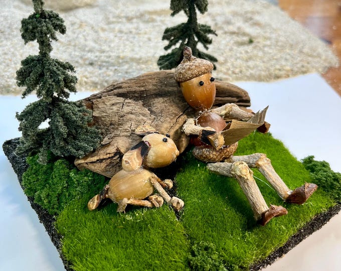 Acorn Elf and Puppy Miniature, One of a Kind Acorn Fairy Scene, Rustic ...