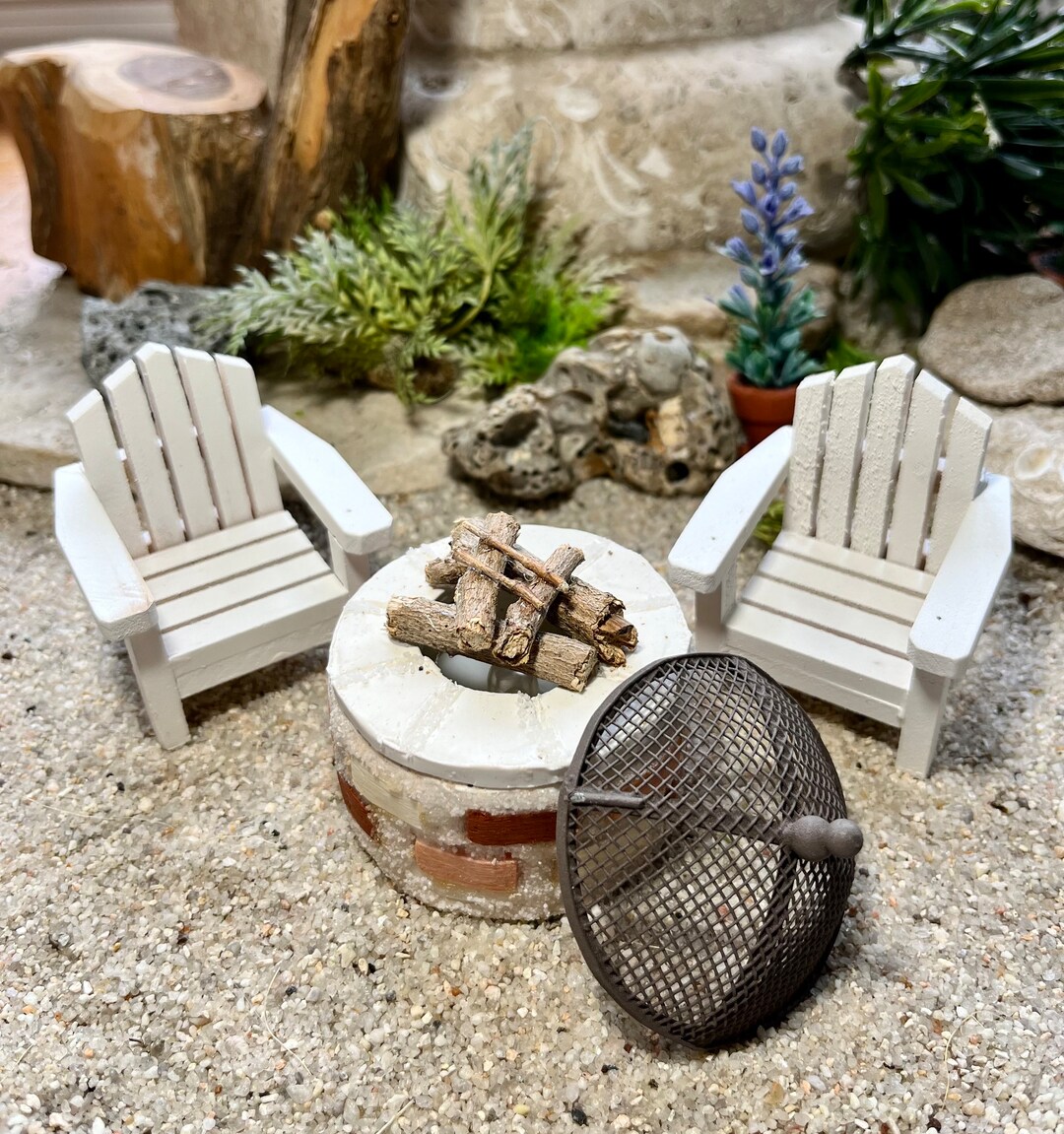 1:12 Scale Miniature Lighted Fire Pit Scene, Miniature Wood Adirondack ...
