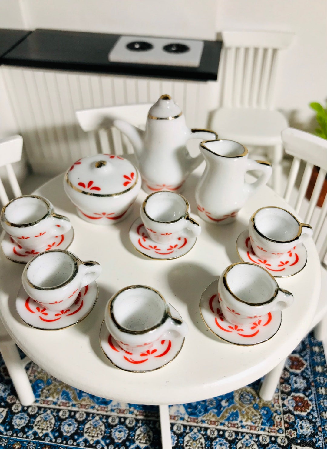 Miniature 15 Piece Porcelain Pink Design Tea Set, Dollhouse Dish Set ...