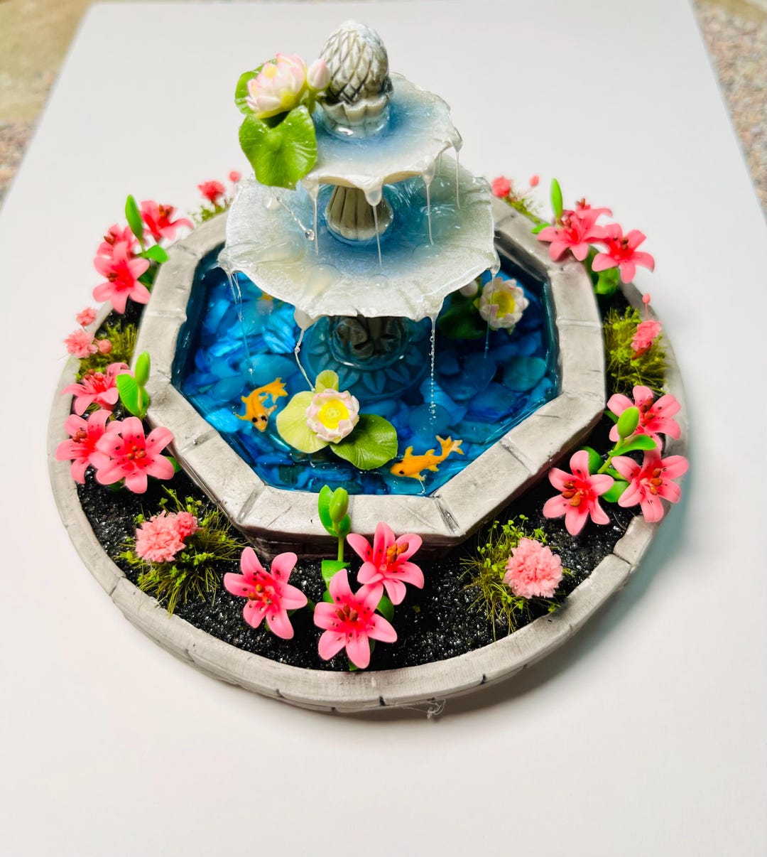 Miniature Cascading Fountain: Pink Flowers Fairy Garden Decor ...
