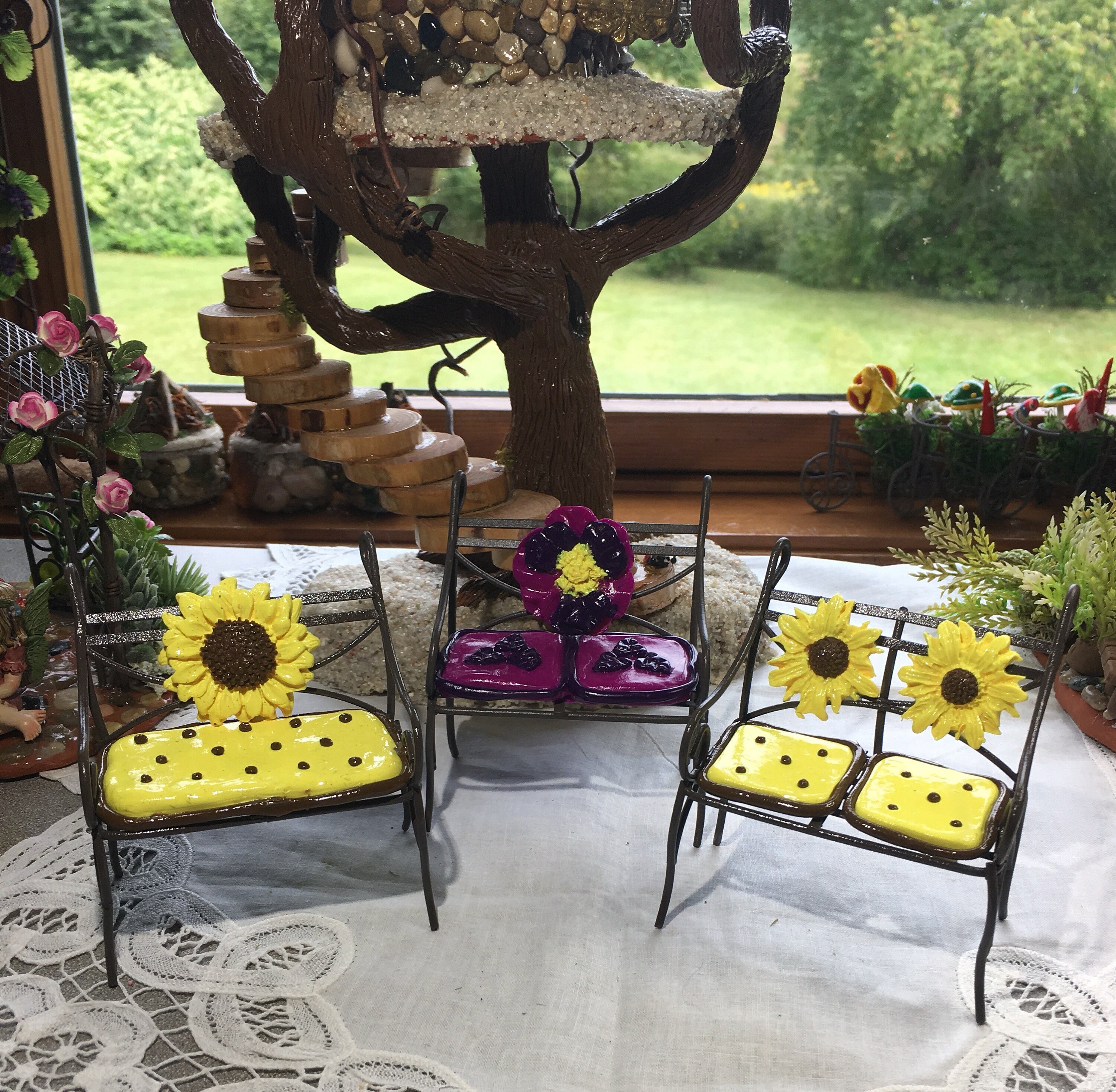 Miniature Sunflower or Pansy Garden Bench Hand Decorated | Etsy