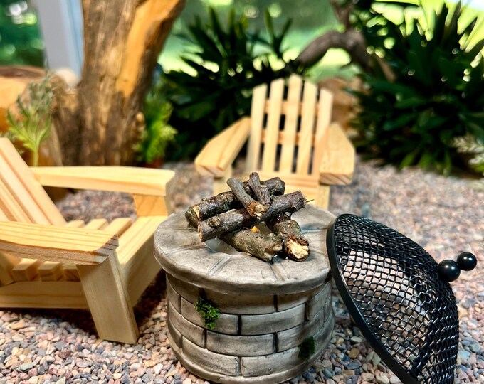 1:12 Scale Miniature Lighted Fire Pit With Wood Adirondack Chairs ...