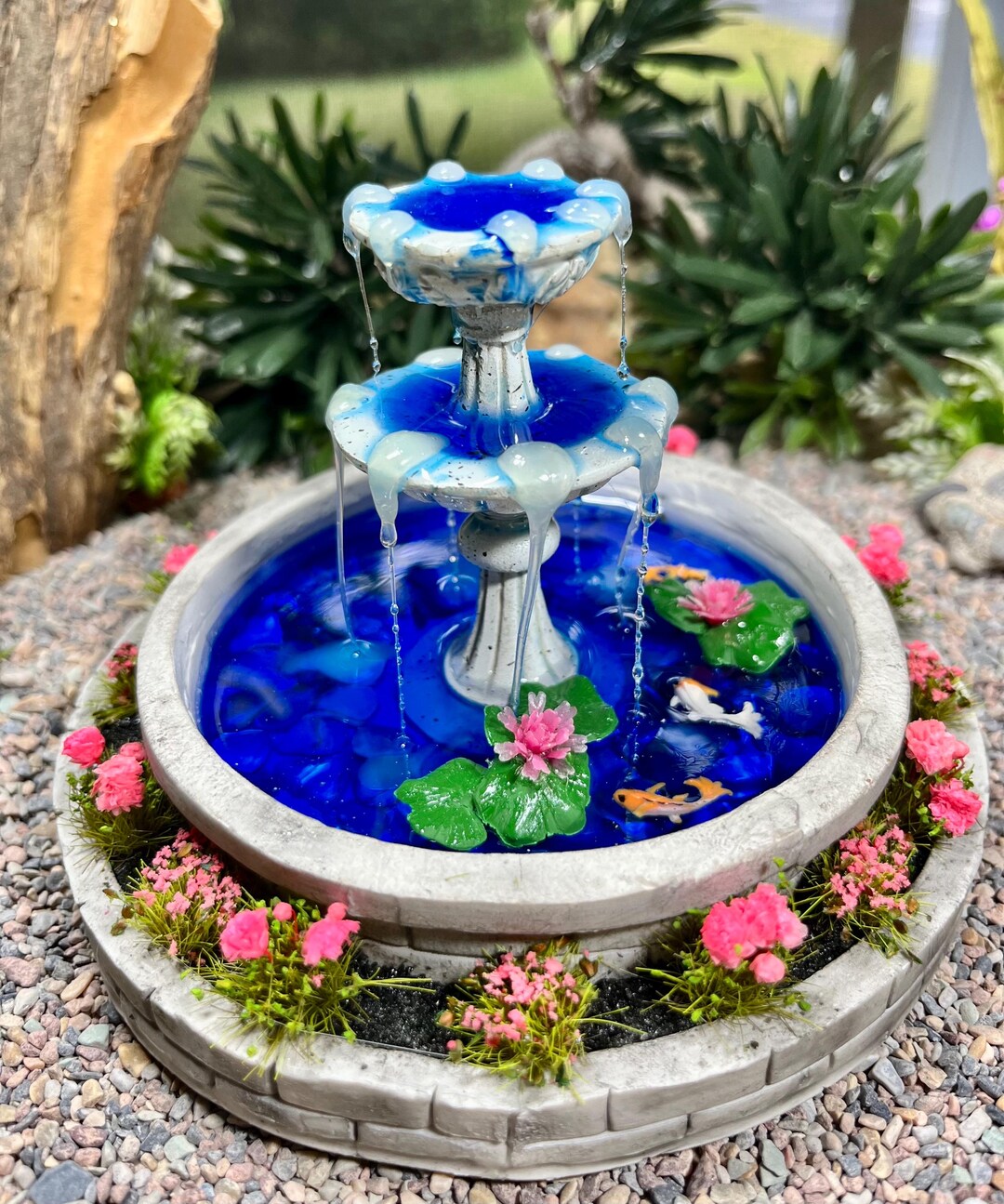 Miniature Cascading Fountain With Pink Flowers Garden, Fairy Garden ...
