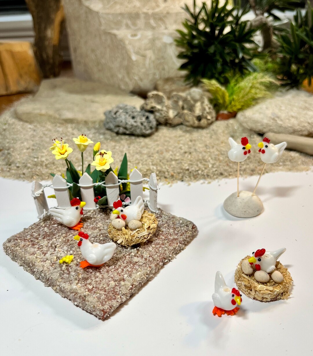 Miniature Chickens, Miniature Lampwork Glass Chickens, Chicken in Nest ...