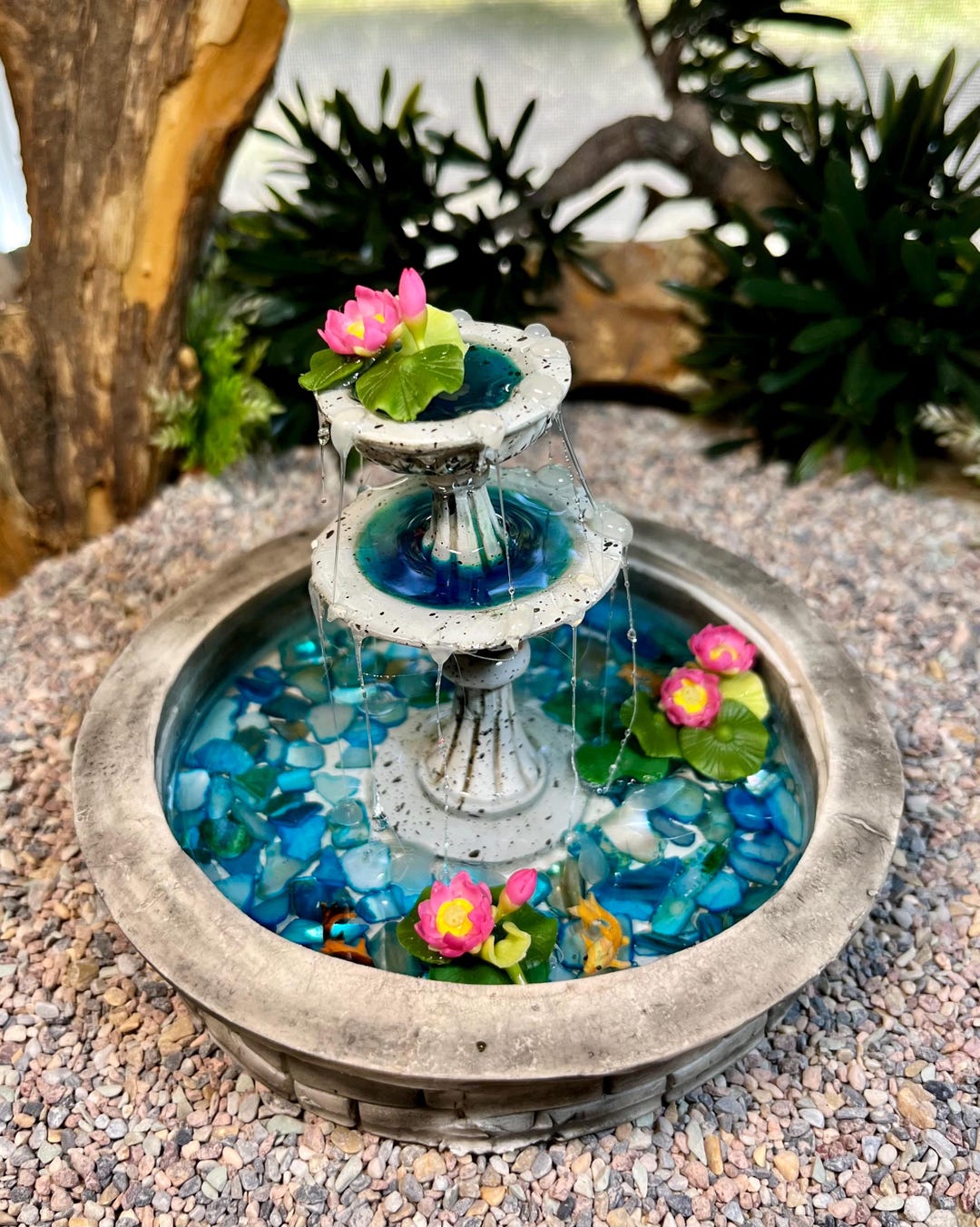 Miniature Cascading Fountain With Pink Waterlillies, Fairy Garden ...